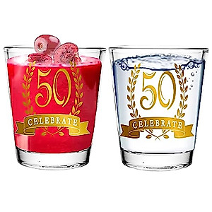 BISYATA 50th Birthday Gift or Birthday Decoration for Women Men - 50 Celebrate - 50th Shot Glass Set of 2-50th Gold Anniversary Decoration or Gift - 2oz - With Gift Box