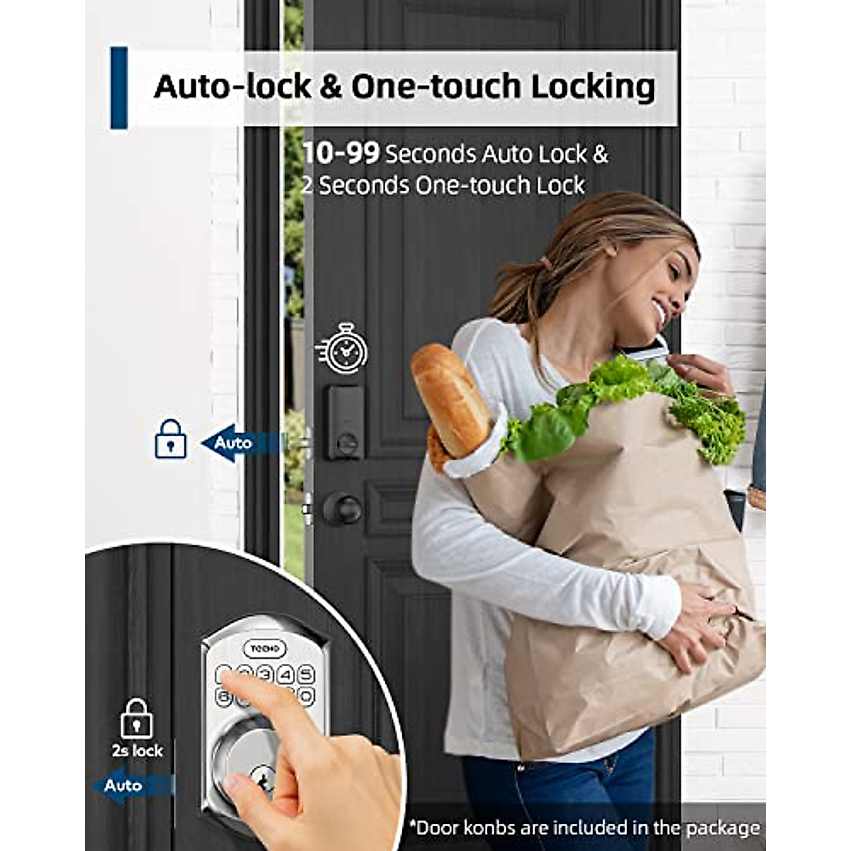 TEEHO TE001K Keyless Entry Door Lock with Handle - Electronic Keypad Deadbolt with Door Knob - Deadbolt Smart Lock for Front Door - Auto Lock - Easy Installation - Satin Nickel