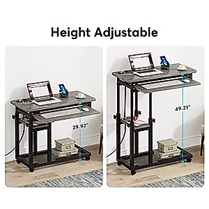 Tribesigns Small Portable Desk with Power Outlet, Height Adjustable Sofa Couch Bedside Laptop Table with Wheels, Mobile Standing Desk Rolling Computer Cart C Side Table with USB Ports