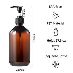 6 Pack Plastic Pump Bottles Dispenser, 16oz/500ml Empty Cylinder Shampoo Soap Dispenser, Refillable Containers with Extra Sprayer Pump Labels for Body Wash, Lotion, Gel(Amber)