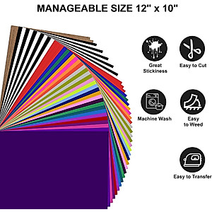 Heat Transfer Vinyl Bundle : 42 Pack 12" x 10" Sheets - Iron on Vinyl for Iron on Fabrics T-Shirts Heat Press Machine