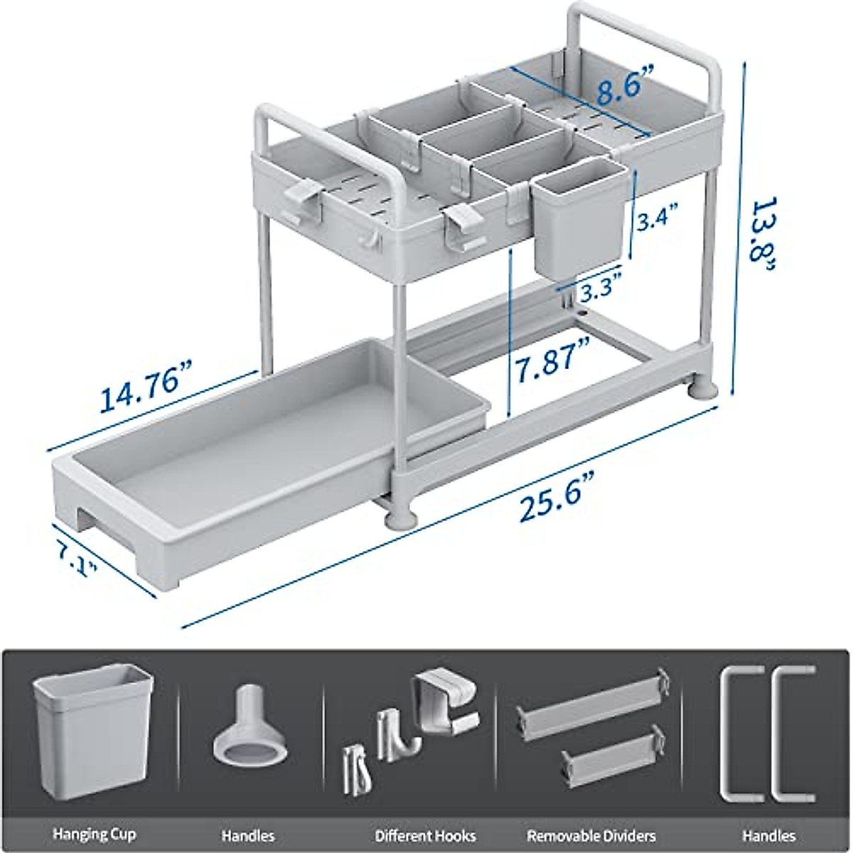 SOLEJAZZ 2-Tier Under Sink Organizer, Sliding Under Bathroom Cabinet Storage Drawer Organizer with Hooks, Hanging Cup, Dividers, Handles, Multi-purpose Under Sink Shelf Organizer, Gray, 2 Pack