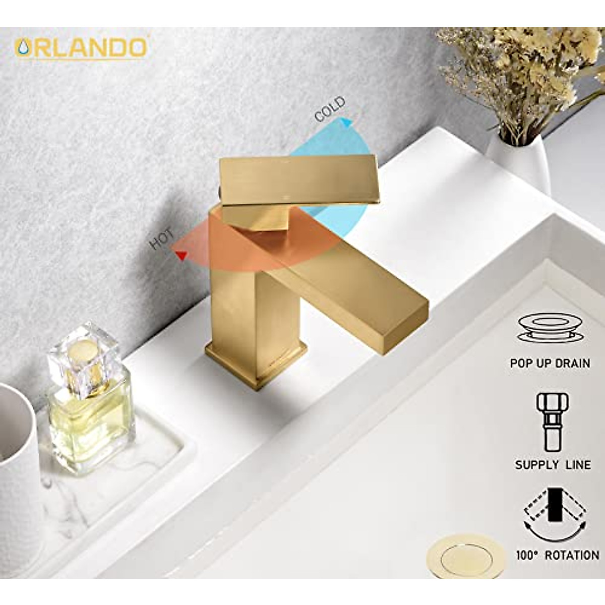 Brushed Gold Bathroom Faucet Single Hole, Modern Brass Bathroom Sink Faucet, Orlando Single Handle Vanity Faucet with Pop-up Drain Assembly and Supply Line, Brushed Gold