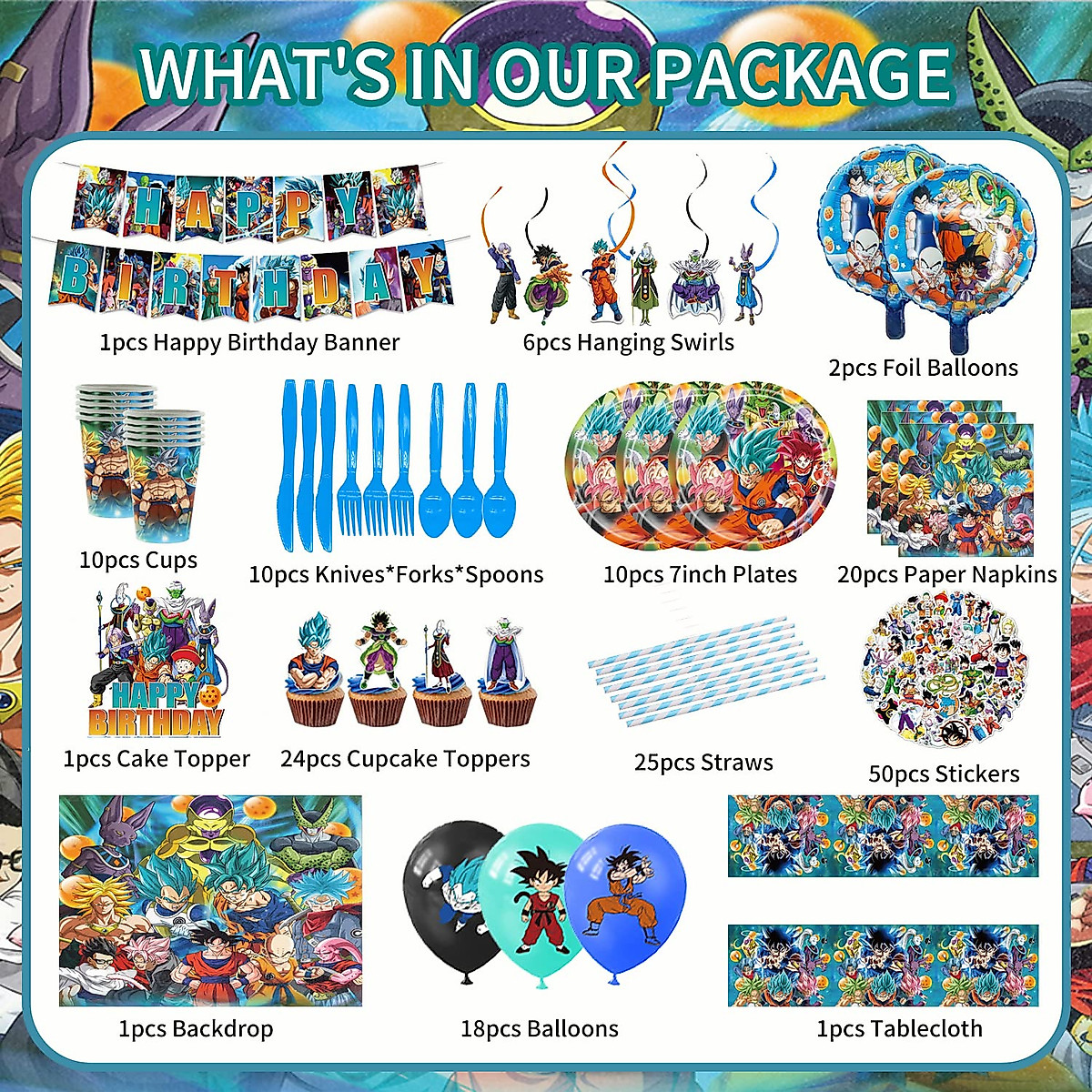 199pcs Birthday Party Decorations, Birthday Supplies Birthday Party Supplies include Backdrop Banner Balloons Cake Topper Plastic Swirls Tableware