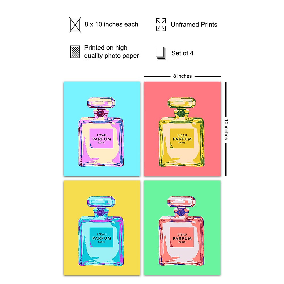 Glam Wall Decor Fashion Wall Art Poster Set - Perfume Bottle Pop art - Home Decor, decoration Prints for Bathroom, Living room, Bedroom - Luxury Gift for Women, Design Couture Fashionista, Teens