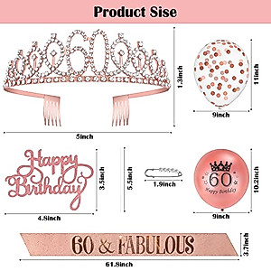 Konasala 60th Birthday Gifts for Women, Including 60th Birthday Sash, Tiara/Crown, Cake Topper, Pearl Pin and Birthday Balloons Set, 60th Birthday Decor Rose Gold