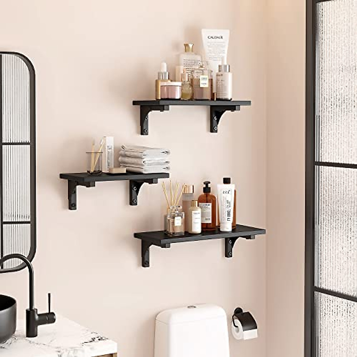 EZFurni Floating Shelves Wood for Wall,Set of 3 Rustic Floating Shelves for Storage,Wider Shelving Wall Mounted for Kitchen, Bedroom, Bathroom,Black