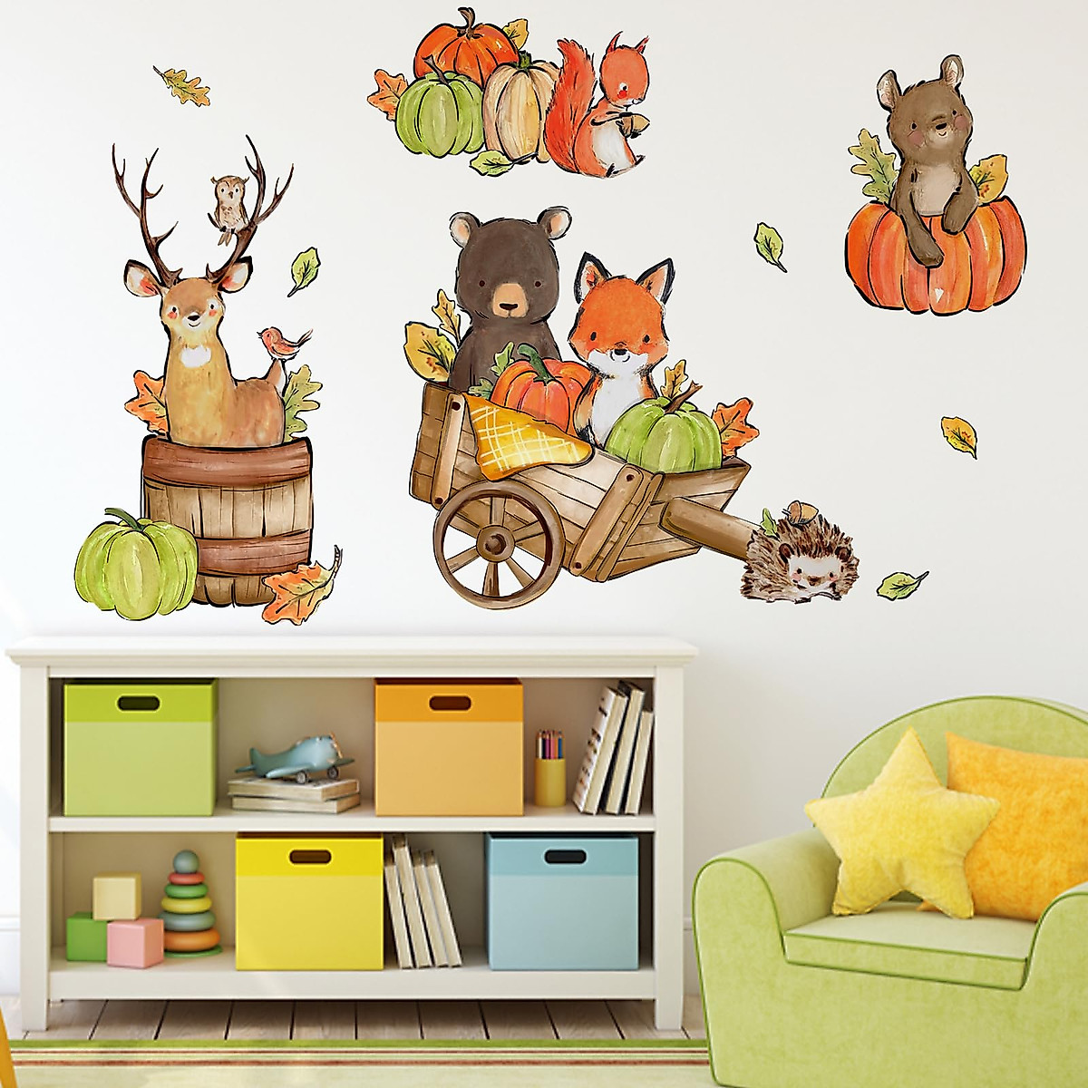 Yovkky Fall Woodland Animals Wall Decals Stickers, Autumn Pumpkin Bear Fox Deer Hedgehog Owl Neutral Nursery Toddler Decor, Thanksgiving Kids Room Home Decorations Bedroom Playroom Art