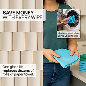 Microfiber Glass Cleaning Cloths | Streak Free Windows & Mirrors | Lint Free Towels | Car Windows Wipes | Polishing Rags | Machine Wash- Blue, Green (8 Pack)