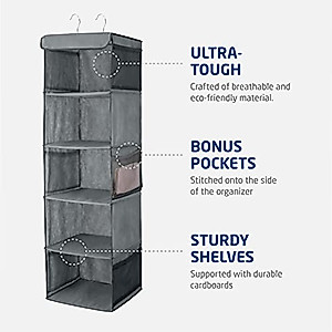 ZOBER Hanging Closet Organizer and Storage Shelves - 5-Shelf Wardrobe Clothes Organizer for Dorm Room, Baby Nursery, Small Closet Storage - 12" x 11.5" x 42", Grey