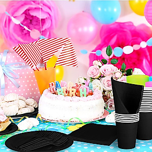 ADXCO Black Party Supplies Disposable Black Party Decorations 9 Inch Black Paper Plates Paper Cups Napkins Folks Serves 24 for Birthday Wedding Holiday Decorations