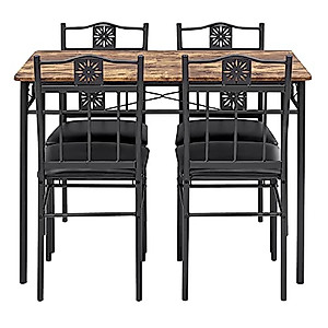 VECELO Kitchen Dining Room Table Sets for 4, 5 Piece Metal and Wood Rectangular Breakfast Nook, Dinette with Chairs, 42x31.4x30 inches,15.7x15.9x33.8 inches, Retro-Brown