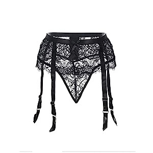 Women Plus Size Lace Garter Blet with 4 Straps Metal Clip for Stocking Mesh Suspender Belt with Thong