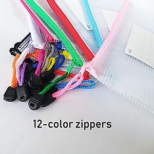 AUSTARK Plastic Mesh Zipper Pouch, 12Pcs Zipper File Bags with Label Pocket, Game Boards Storage Bags, Waterproof Document Storage Bags for Office Home Travel (Receipt Size 9.2x4.1 in)