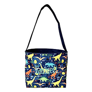 Personalized with Name Dinosaur Easter Basket Bucket Fabric Tote Bag Toy BIn - Great Embroidered Gift for Boy or Girl