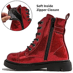 DADAWEN Boys Girls Glitter Ankle Boots Lace Up Waterproof Combat Boot With Side Zipper (Toddler/Little Kid/Big Kid) Red Glitter US Size 13 M Little Kid