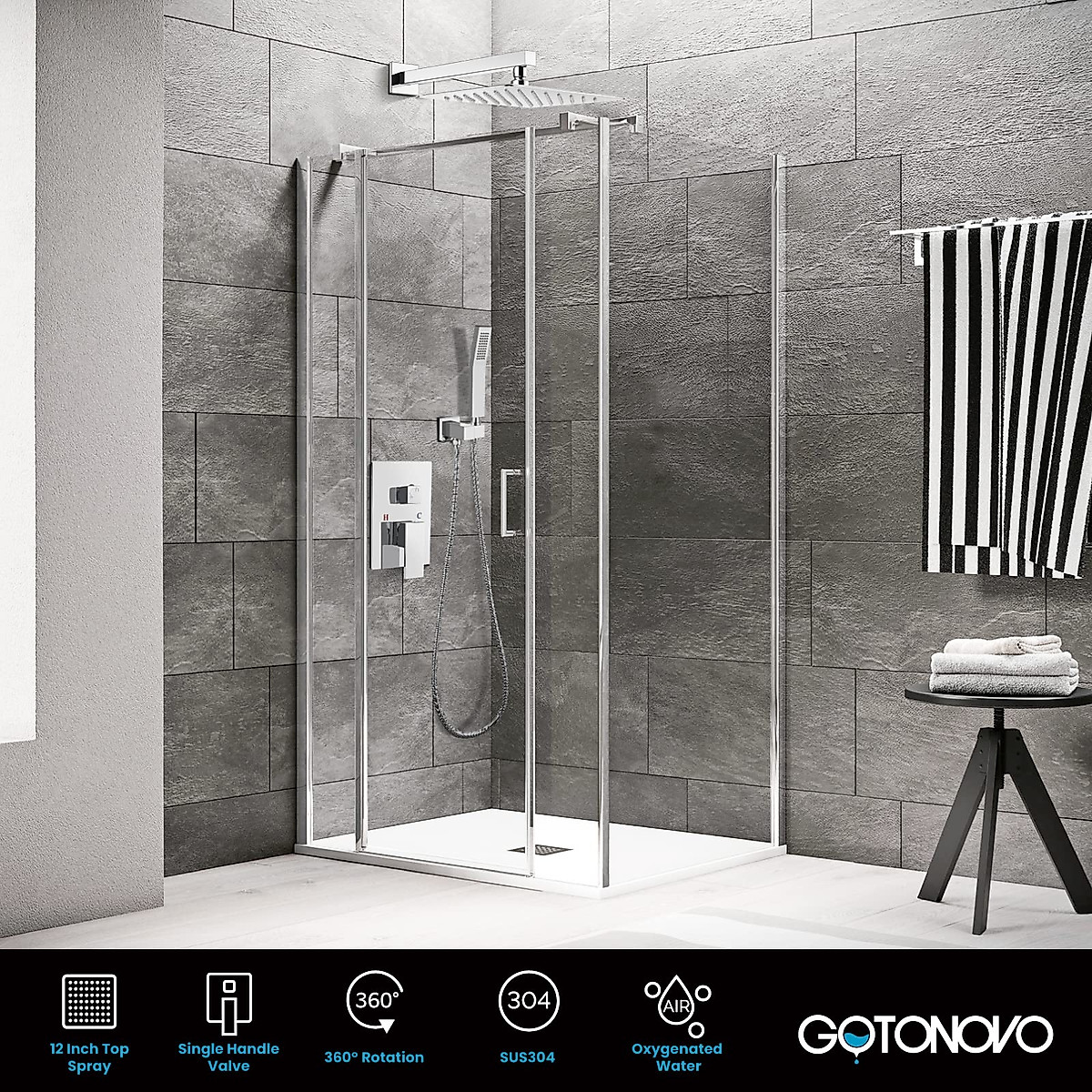 gotonovo Rainfall Bathroom Shower System Rain Shower Head and Handle Set Wall Mounted Shower Complete Combo Solid Brass Pressure Balancing Shower Mixer Valve 12 Inch Polished Chrome