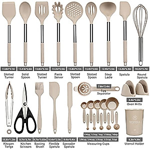 Hvygss Kitchen Utensil Set, 28 Pcs Silicone Cooking Utensils Set, Stainless Steel Handle Silicone Spatula Set with Silicone Whisk, Tongs, Ladle, Scissors, Measuring Cups and Spoons Set (Khaki)