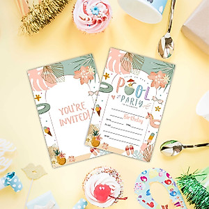 AWSICE Tropical Pool Party Birthday Invitations, Double-Sided Fill-In Invite Cards For Birthday Party, 20 Invitations With Envelopes, Decorations,Party Favor And Supply-A36
