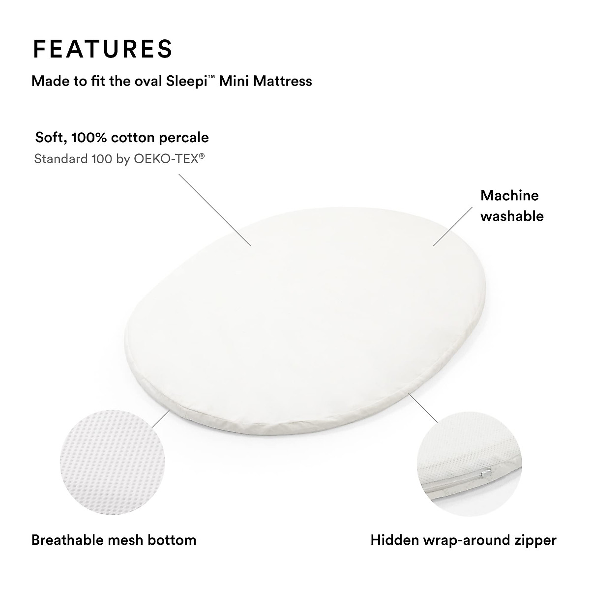 Stokke Sleepi Mini Fitted Sheet, White - Soft Sheets for Sweet Dreams - Made for The Oval Sleepi Mini Mattress - Safe, Stylish & Washable - 100% Fine Cotton Percale