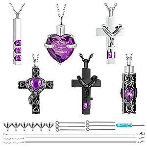 HOMLAND Urn Necklace for Ashes - 6 Pcs Cremation Jewelry Keepsake Memorial Heart Cross Cubic Stainless Steel Pendant for Loved One Women Men with 3 Pcs Replacement Chains