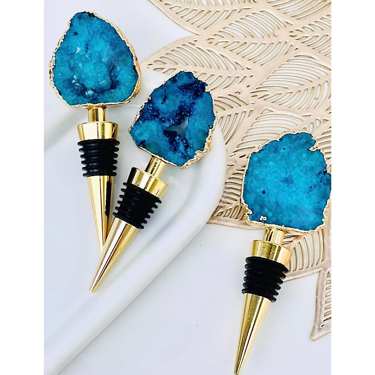 LUXE CRYSTAL CO. Handcrafted Teal Green Natural Crystal Geode Agate Druzy Gold Electroplated Crystal Wine Champagne Stopper Handmade Bottle Barware Housewarming Bridal Shower Gift