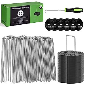 FOTMISHU Landscape Staples 6 Inch 50Pcs Garden Stakes +50pcs Gasket, Galvanized Lawn Pins 11 Gauge Spray Coating Yard Ground Spikes, U-Type Staples for Weed Barrier Anchoring Outdoor Tents Hoses