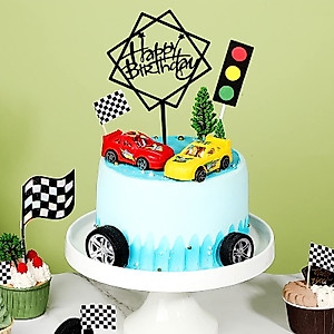 Yulejo 38 Pcs Racing Car Cake Decoration with Race Car Cake Topper Wheel Checkered Racing Flag Cupcake Topper Black Birthday Cake Topper Race Car Birthday Party Supplies Car Themed Party Favor for Kid