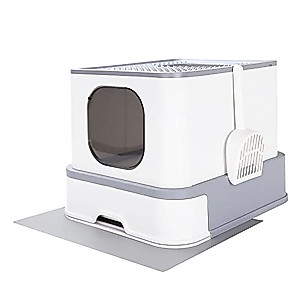 RIZZARI Large Foldable Top Entry Cat Litter Box with Lid,Anti-Splshing Kitty Litter Pan Easy Cleaning and Scoop (Upgrade,Light Gray)