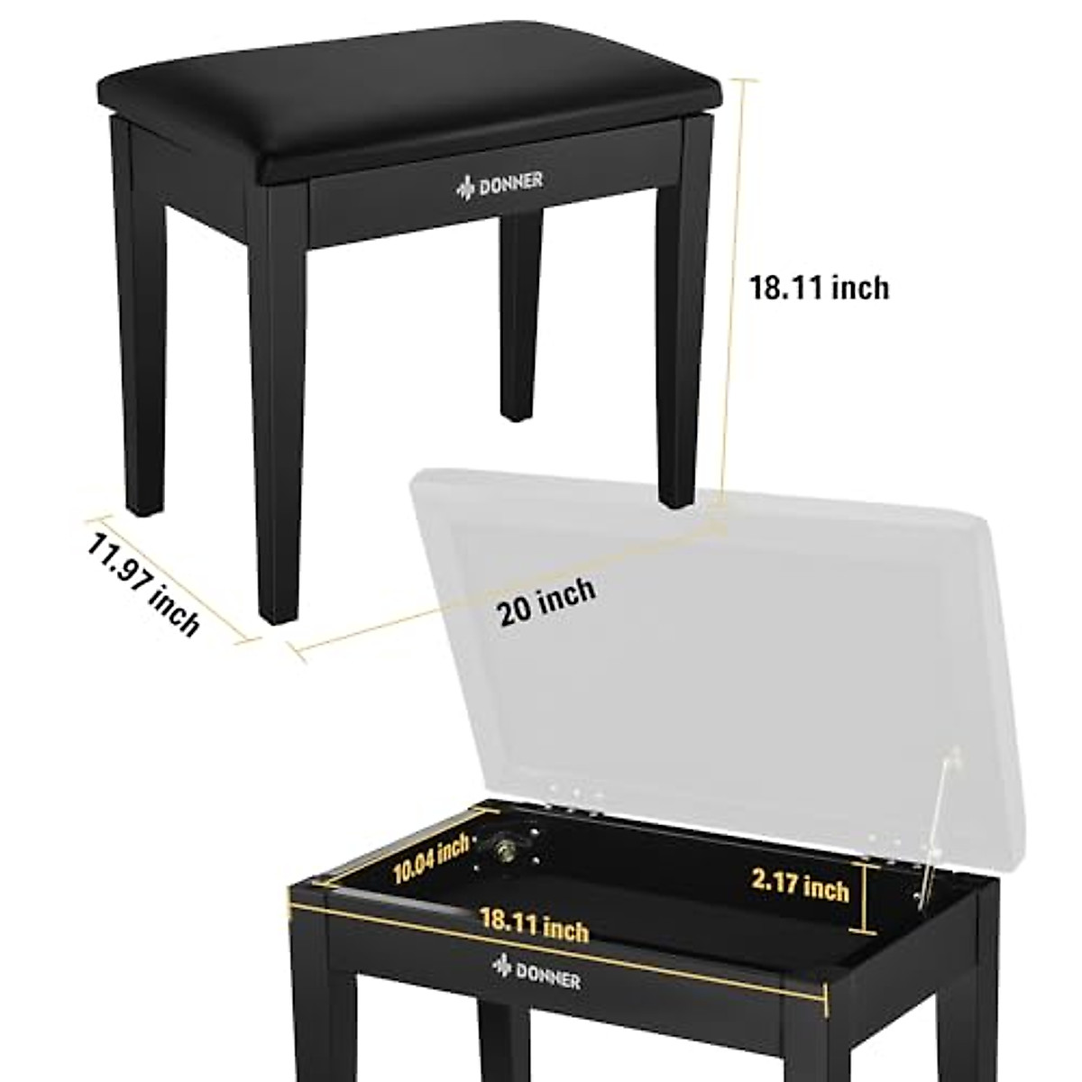 Donner Piano Bench with Storage, Solid Wood Keyboard Bench Piano Bookcase Stool Chair Seat with High-Density Sponges Pad, Black