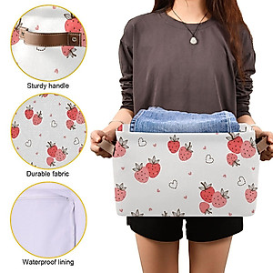 Qilmy Strawberry Pattern Storage Basket with Handles for Organizing, Collapsible Canvas Shelves Storage Bins for Home Closet Bedroom Living Room