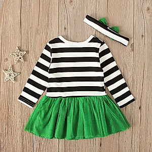 XFGLCK Toddler Baby Girls St.Patrick’s Day Striped Dress Outfits Shamrock Princess Party Dress Playwear Tutu Skirt + Headband (Green, 2T / 3T)