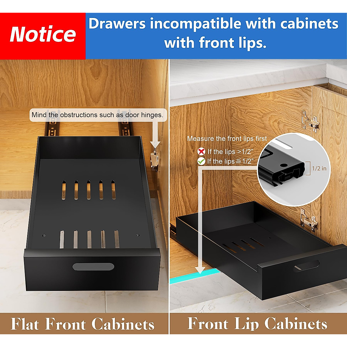 HBL' 1 Pack | 16.9" Deep Pull Out Cabinet Organizer Adhesive, 12-Inch Wide Sturdy Carbon Steel Roll-Out Drawers for Face Frame or Frameless Cabinets, Slide-Out Shelves for Pantry.