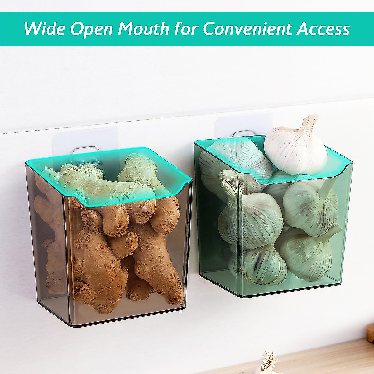 UXIVCKI 2 Pack Wall Mount Storage Organizer for Kitchen, Adhesive Clear Sorage Container Plastic Wall Space Saving Hanging Basket Bins for Pantry, Refrigerator, Bathroom, Countertops