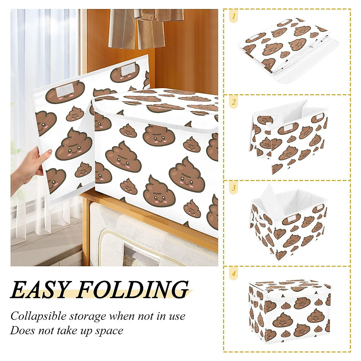 DIGTIA Cute Poop Storage Bins with Lids Funny Foldable Storage Basket with Handles Collapsible Large Fabric Organizer Containers for Clothes Shelves Closet Office Home Bedroom