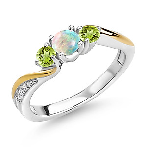 925 Silver and 10K Yellow Gold White Simulated Opal Green Peridot and White Lab Grown Diamond 3 Stone Engagement Ring For Women (0.52 Cttw, October Birthstone, Available In Size 5, 6, 7, 8, 9)