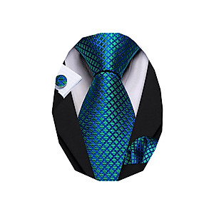 Barry.Wang Mens Tie Silk Tie Pocket Square Cufflinks Set Woven Designer Teal