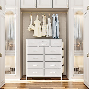 White Dresser for Bedroom, Dressers & Chests of Drawers, Closet Fabric Dresser w/12 Drawers Side Pockets Hooks, Clothes Dresser, Bedroom Dresser Storage Organizer for Hallway Entryway