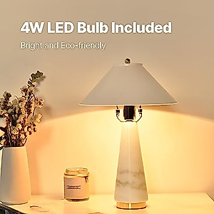 MAGCHARM Table Lamp, Bedside Lamps with 4W LED Bulb, Natural Marble Base, Metal Lampshade, 3000K Color, On/Off Switch Nightstand Lamp, Mid-Century Modern Table Lamps for Bedroom, Living Room End Table