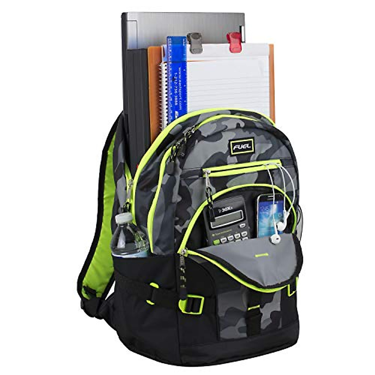 FUEL Dynamo Active Backpack, Fits Most Laptops up to 15", Front Access Pockets, Padded Lumbar, Comfortable, Adjustable Straps - Black/Gray Camo