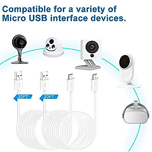 SIOCEN 2 Pack 20FT Micro USB Cable Power Extension Cord for Wyze Cam,WyzeCam Pan,YI Cam,YI Dome Home Camera,Kasa Cam,Oculus Go,Furbo Dog,Nest Cam,Blink,Long Charging Wire for Security Cameras