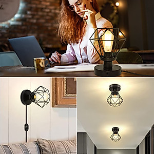 Industrial Mini Table Lamp, Dimmable Black Metal Cage Small Desk Lamp,Small Lamps for Small Spaces, 4.7 in E26 E27 Screw Light Bulb Holder Base,DIY Lampshade,Plug in &Hardwired Wall Light for Bedroom