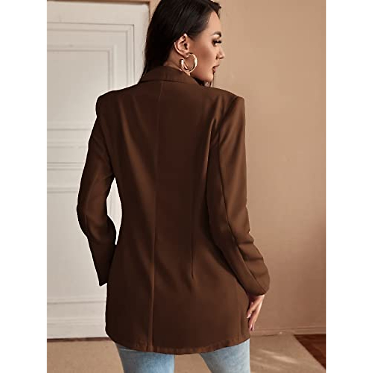 Floerns Women's Solid Notched Lapel Long Sleeve Single Breasted Blazer Jacket Chocolate Brown M