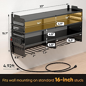 POKIPO Power Tool Organizer Wall Mount with Charging Station, 4 Layer Drill Holder Tool Storage 4 Outlet Power Strip Utility Rack with 6.56ft Cord