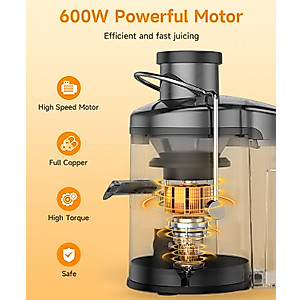 Juicer, 600W Juicer Machine with 3 Inch Wide Chute for Whole Fruits, High Yield Juice Extractor with 3 Speeds, Easy to Clean with Cleaning Brush, Compact Centrifugal Juicer Anti-drip