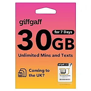 Giffgaff UK Prepaid SIM Card for 7 Days with 30GB Data + Unlimited Mins and Texts, Used in The United Kingdom, England, Scotland, Wales, Northern Ireland, London