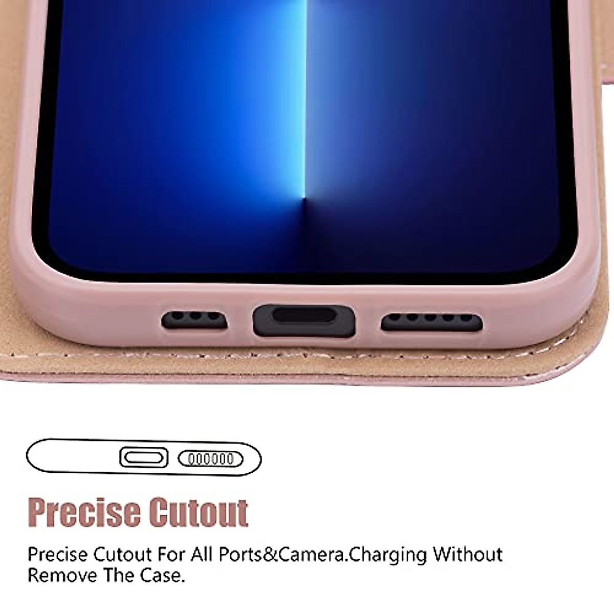 Arae Compatible with iPhone 13 Pro Max Case Wallet Flip Cover with Card Holder and Wrist Strap for iPhone 13 Pro Max 6.7 inch-Rose Gold