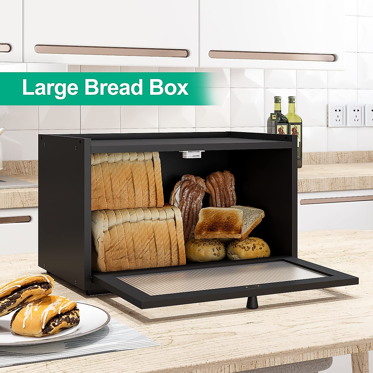 kiplant Large Bread Box for Kitchen Counter, Black Bamboo Bread Storage Container with Wavy Arcylic Transparent Door, Bamboo Wooden Farmhouse Bread Box for Your House