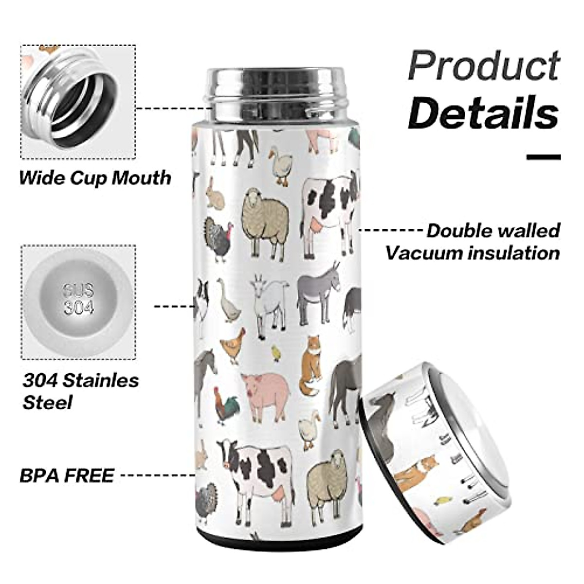 CaTaKu Farm Yard Animals Water Bottle Insulated 16 oz Stainless Steel Flask Thermos Bottle for Coffee Water Drink Reusable Wide Mouth Vacuum Travel Mug Cup