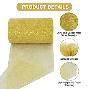 TONIFUL Gold Glitter Tulle Roll 6 Inch x 50 Yard Tulle Ribbon for Tutu Skirt, Wedding Christmas Baby Shower Valentine's Decorations and DIY Crafts